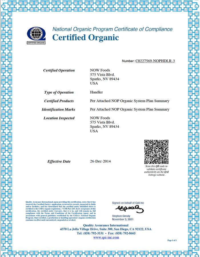 NOP Organic Certification | Awards & Certifications | NOW